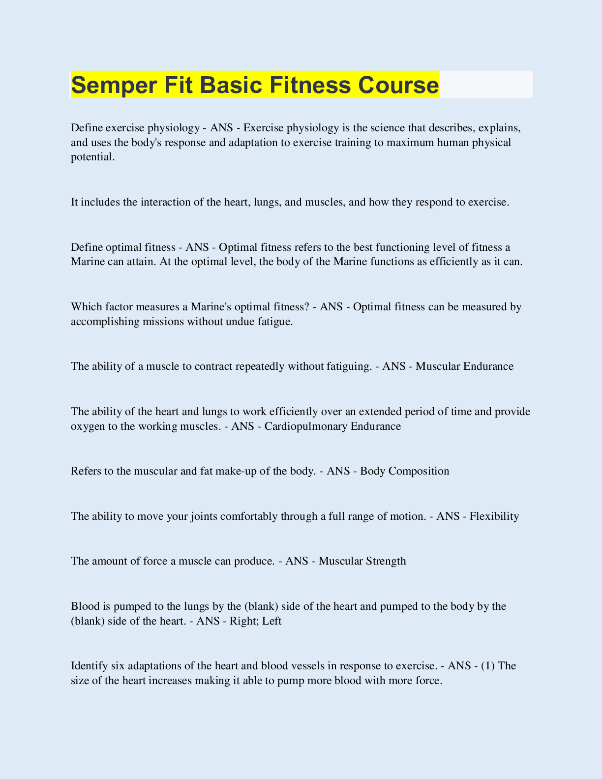 Semper Fit Basic Fitness Course | 160 Questions with 100% Correct Answers | Updated & Verified ...